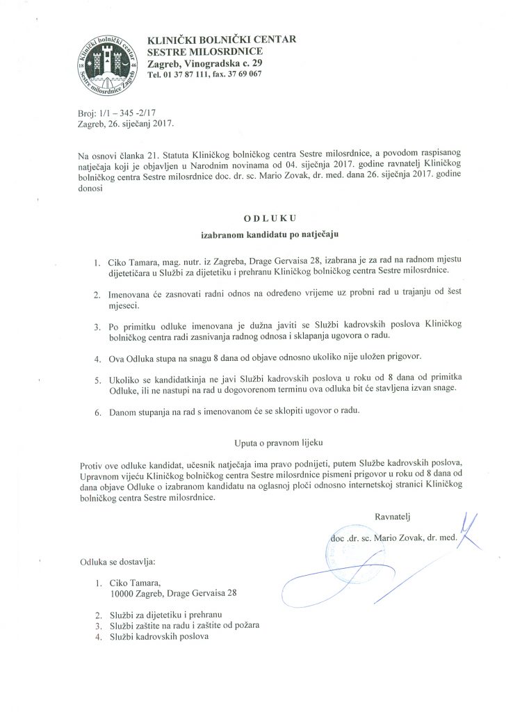 Odluka o izboru kandidata na radnom mjestu dijetetičara na određeno ...