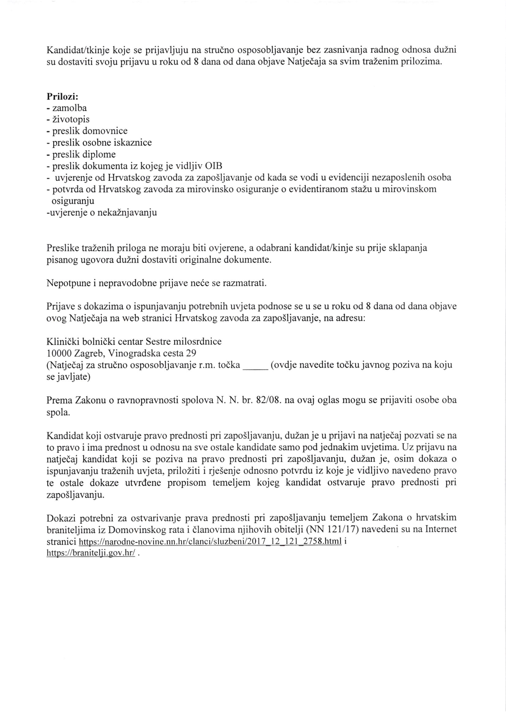 Natječaj za prijem polaznika na stručno osposobljavanje - Klinički bolnički centar Sestre ...