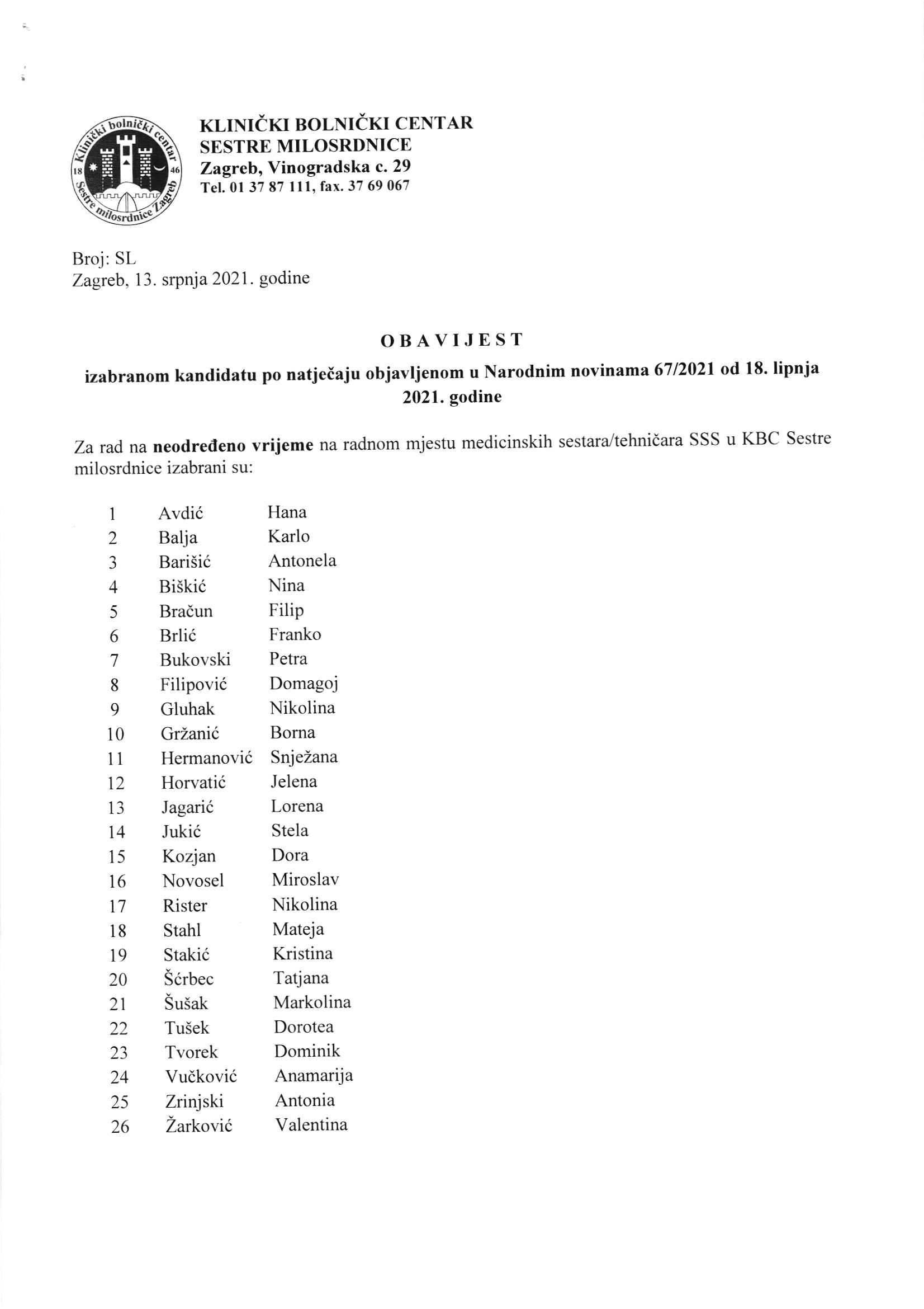 Obavijest o izabranom kandidatu – neodređeno – medicinska sestra ... Obavijest o izabranom kandidatu – neodređeno – medicinska sestra ...