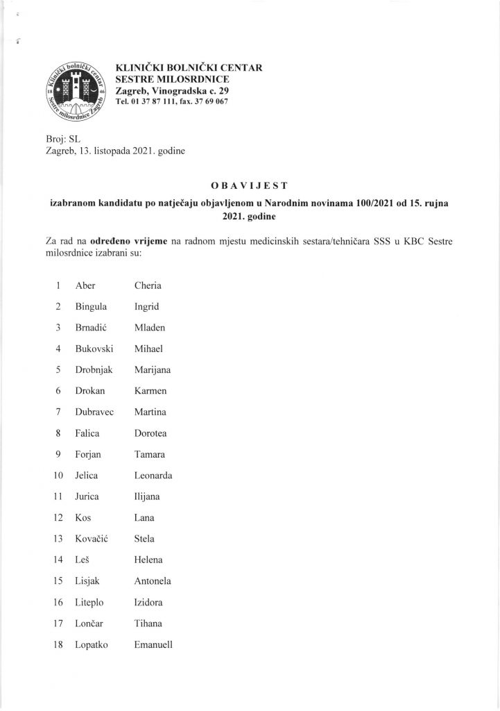 Obavijest o izabranom kandidatu – određeno – medicinska sestra/tehničar ... Obavijest o izabranom kandidatu – određeno – medicinska sestra/tehničar ...