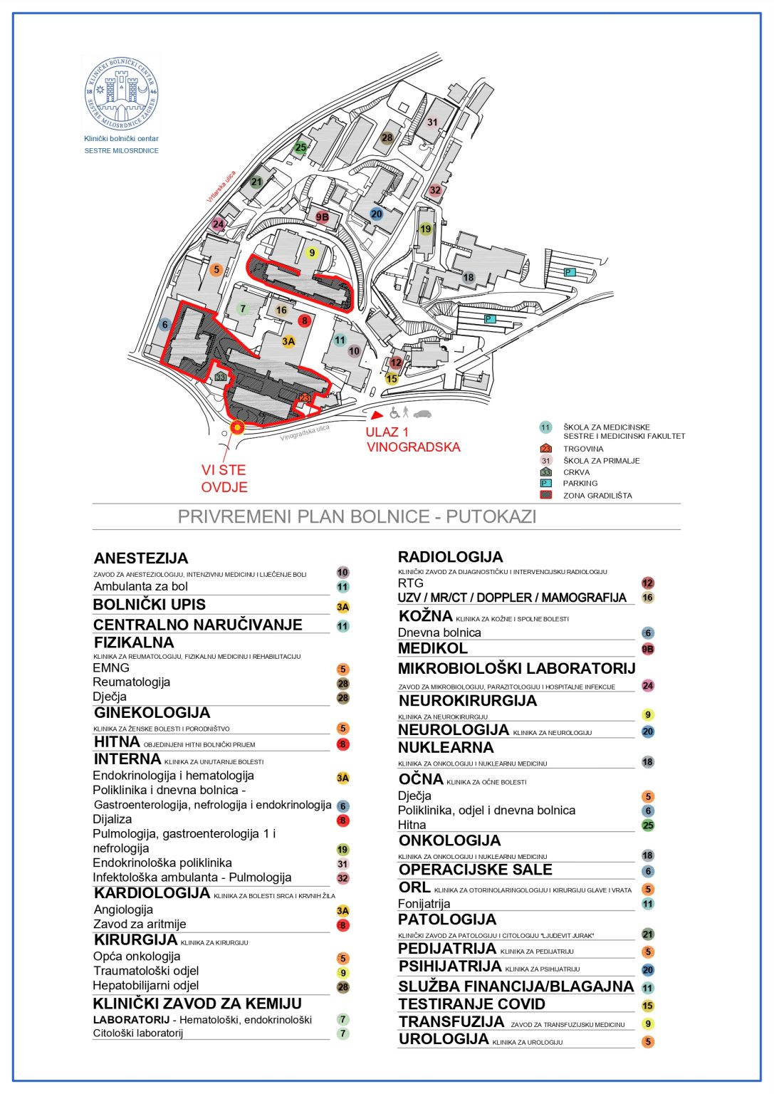 Plan bolnice - lokacija Vinogradska cesta 29 - Klinički bolnički centar Sestre milosrdnice