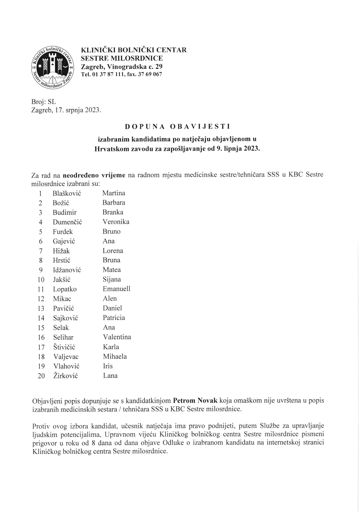 Obavijest o izabranom kandidatu - neodređeno - medicinska sestra ... Obavijest o izabranom kandidatu - neodređeno - medicinska sestra ...
